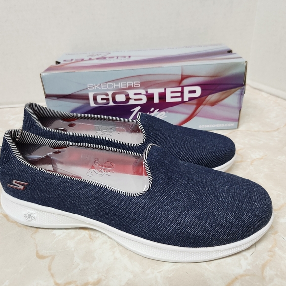 Skechers | Shoes | Skechers Gostep Lite Royal Denim Taupe Slip On Shoes Womens 95 New | Poshmark